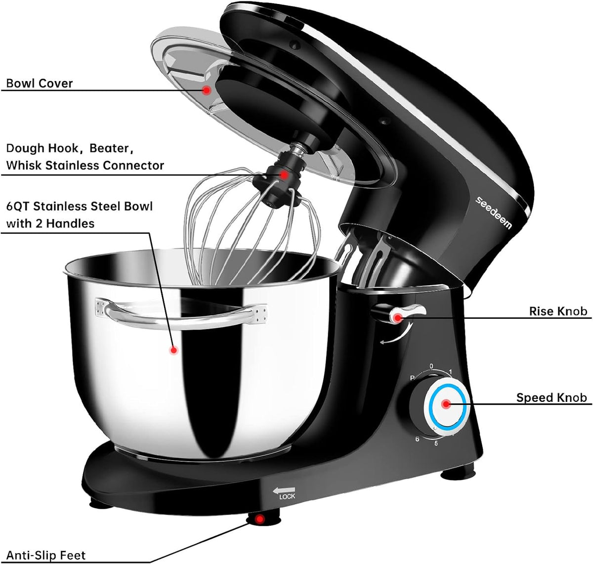 Seedeem Stand Mixer, 6Qt Electric Food Mixer, 660W 6-Speeds Tilt-Head ...